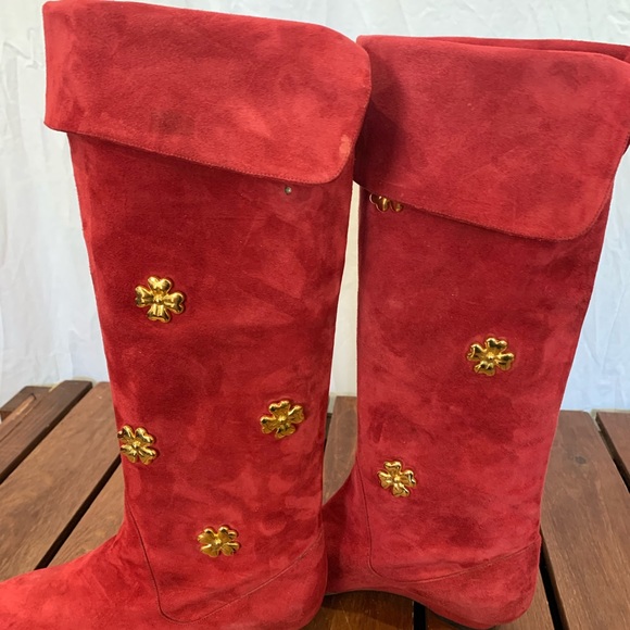 Escada | Shoes | Escada Studded Flowers Red Suede Leather Boots | Poshmark